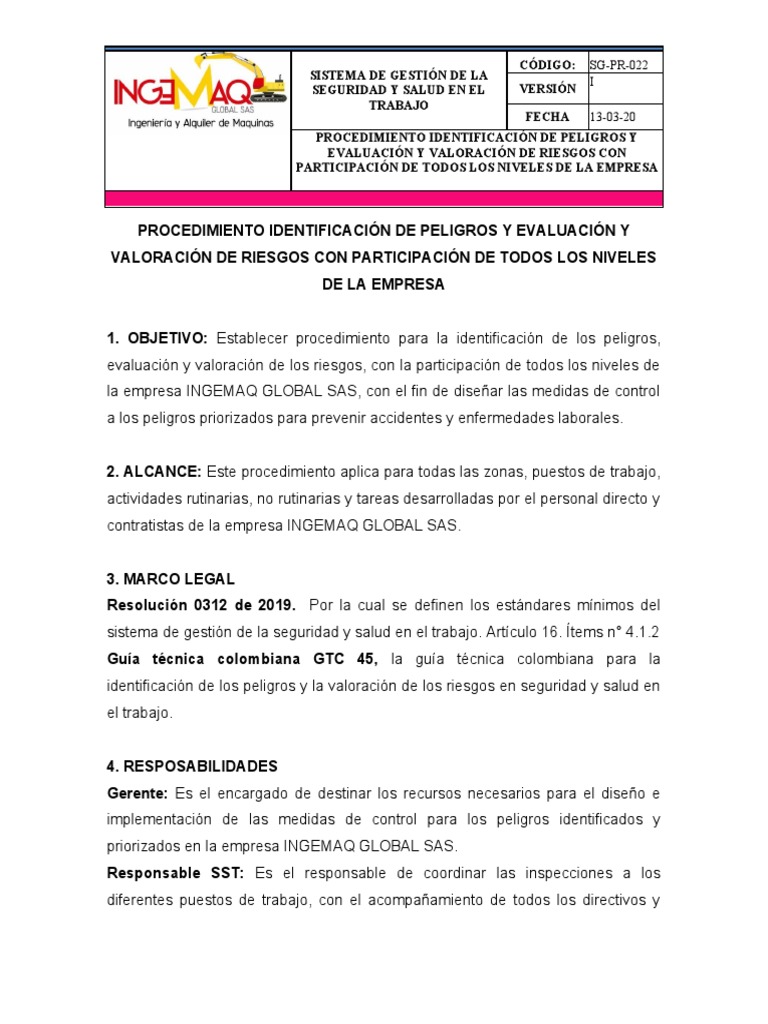 SG-PR-021 Procedimiento Identificación de Peligros y Evaluación y Valoración de Riesgos Con ...