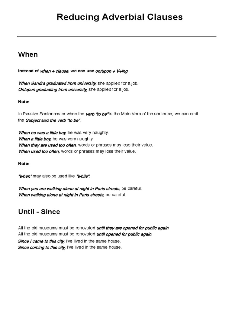 Reduction of Adverbial Clauses To Modifying Phrases | PDF | Sentence ...