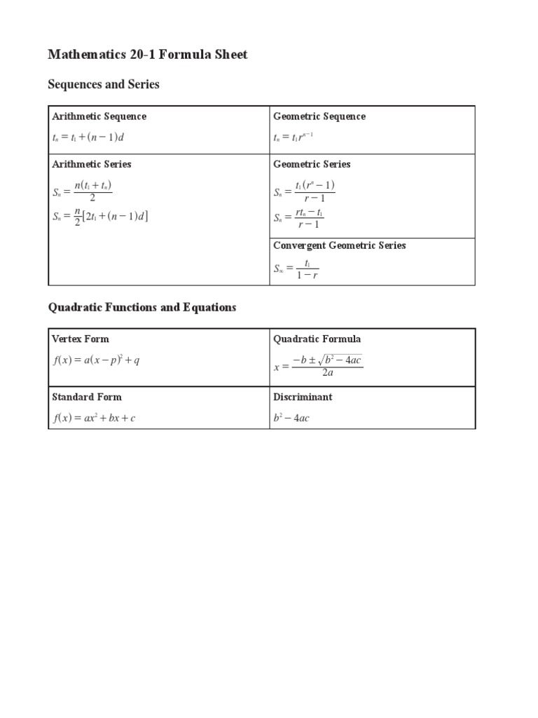 Math 20-1 Formula Sheet | PDF | Sine | Trigonometric Functions