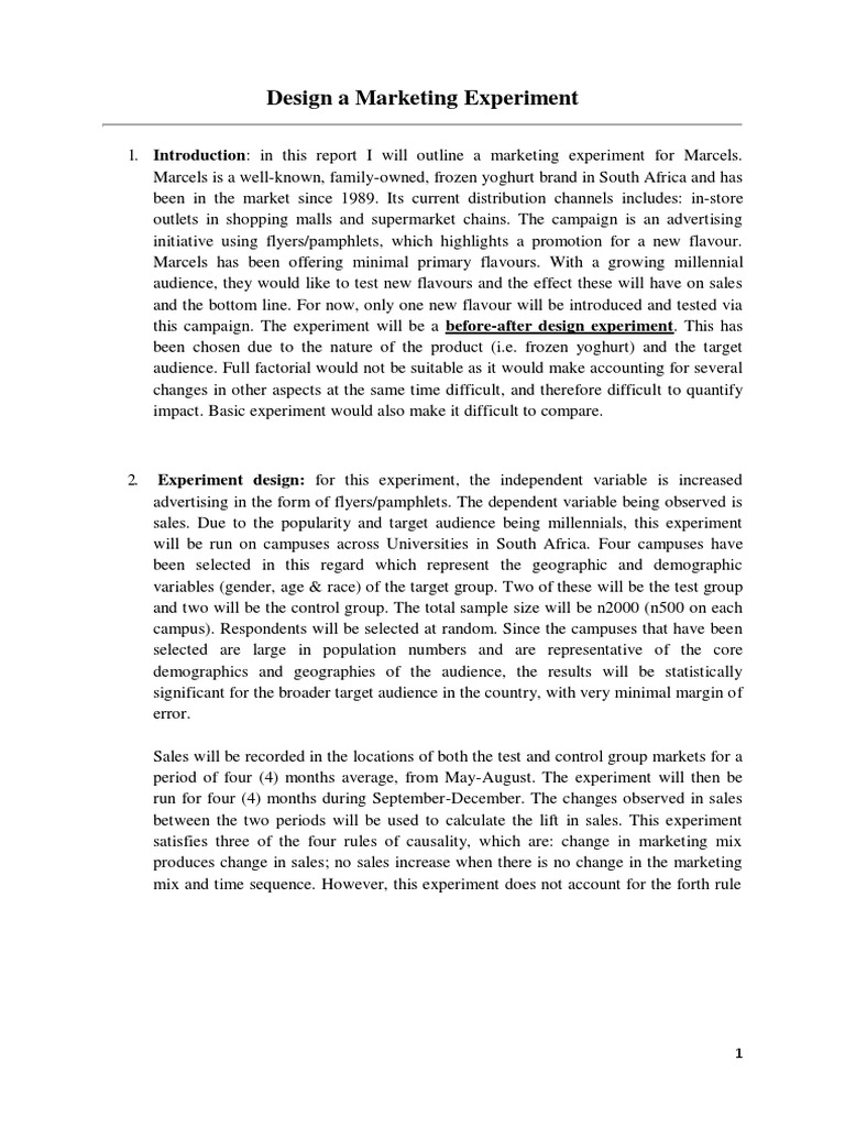 Design A Marketing Experiment: Experiment Design: For This Experiment ...