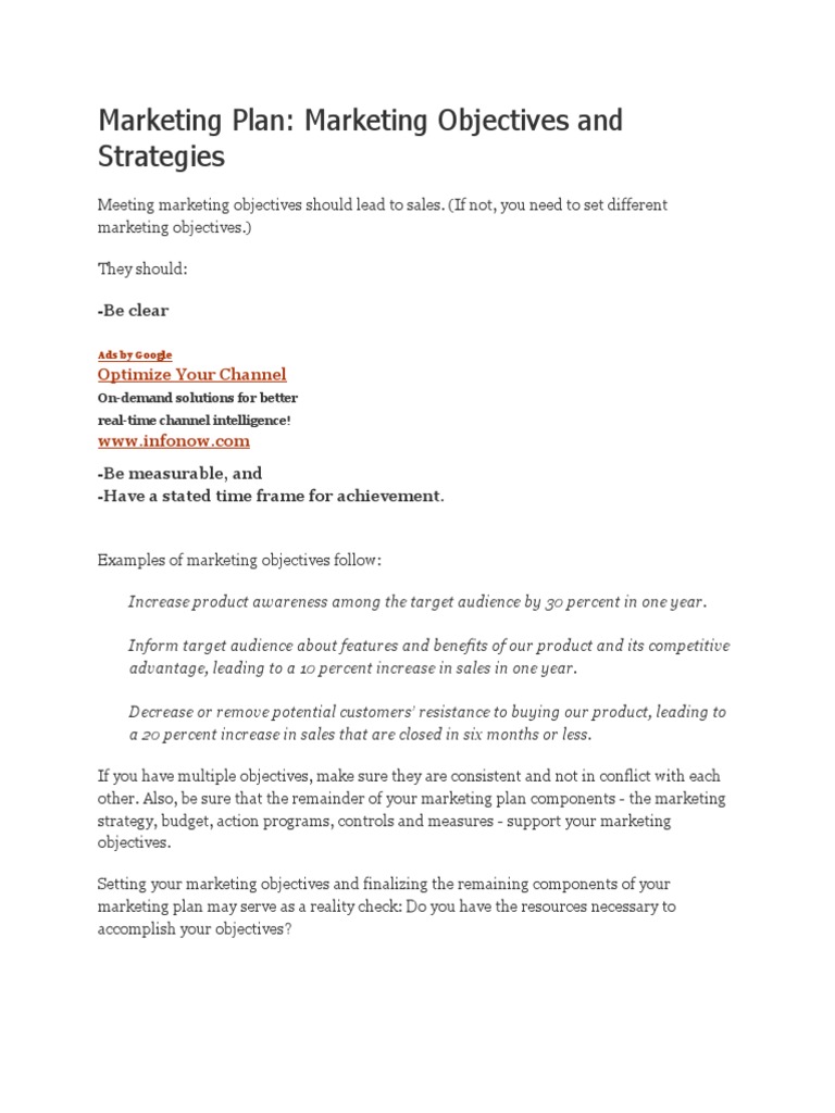 Marketing Plan: Marketing Objectives and Strategies: - Be Clear | PDF ...