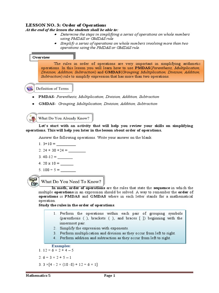 Mathematics 5 - Quarter 1 - Module 1 - Week 3 | PDF | Bracket ...