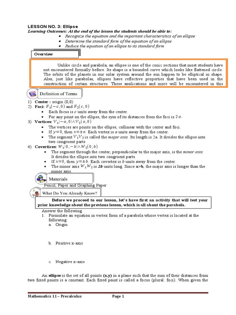 Precalculus-Grade 11-Quarter 1-Week 3 Final | PDF | Ellipse | Cartesian ...