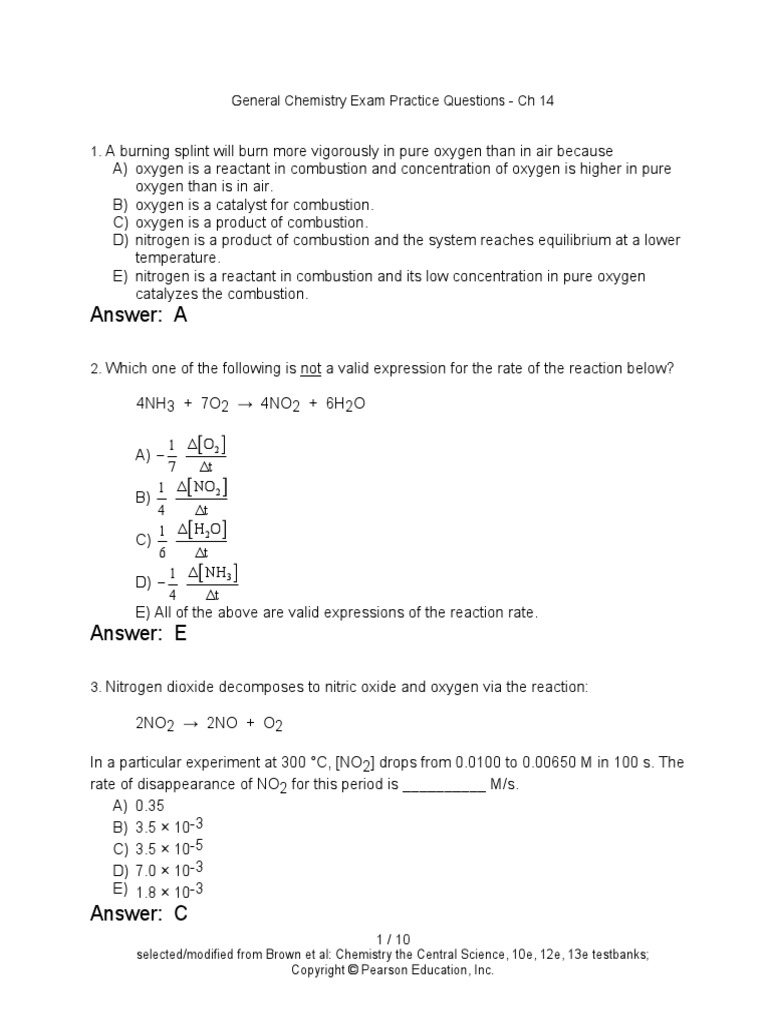Answer: A: General Chemistry Exam Practice Questions - CH 14 | PDF ...