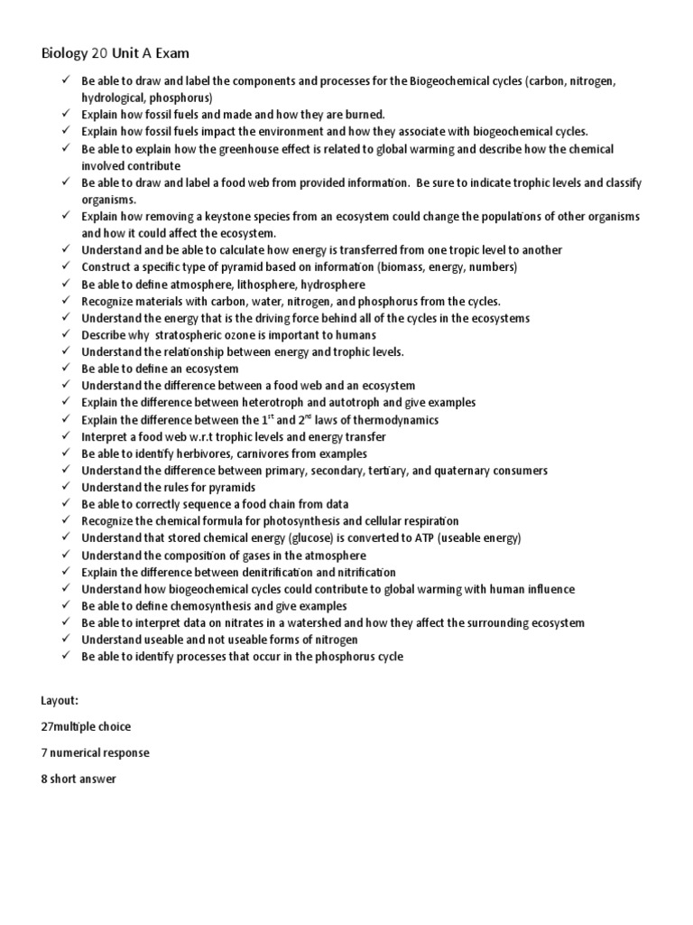 Biology 20 Unit A Exam Outline | PDF | Food Web | Ecosystem