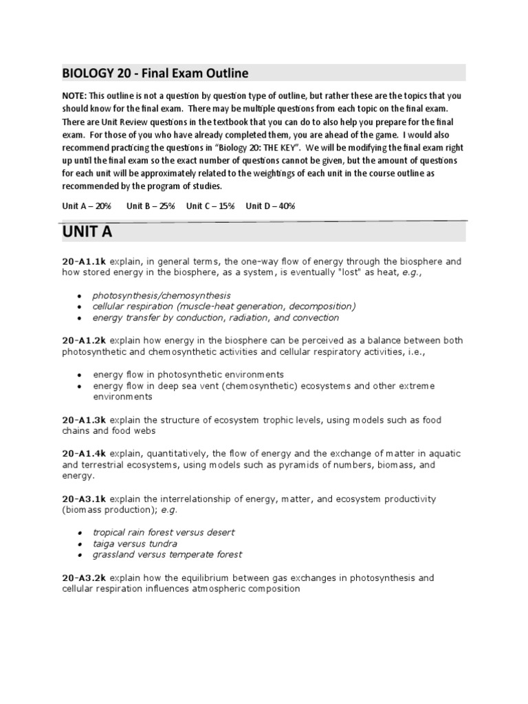 Unit A: BIOLOGY 20 - Final Exam Outline | PDF | Biology | Anatomy