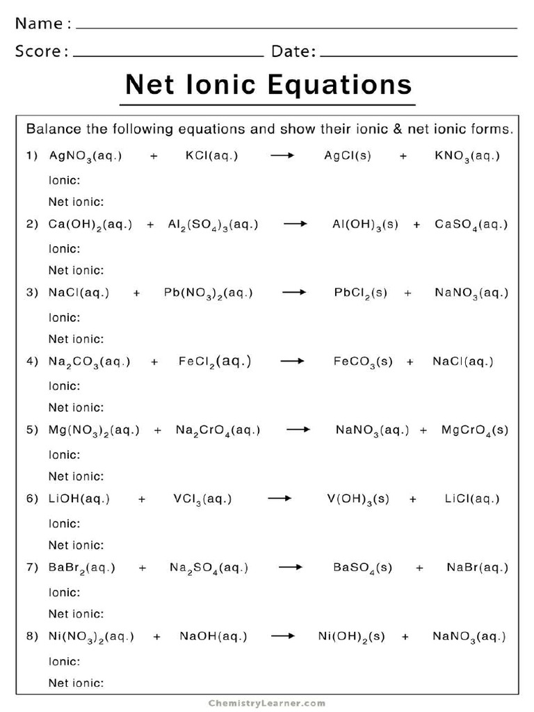 Net Ionic Equation Worksheet | PDF