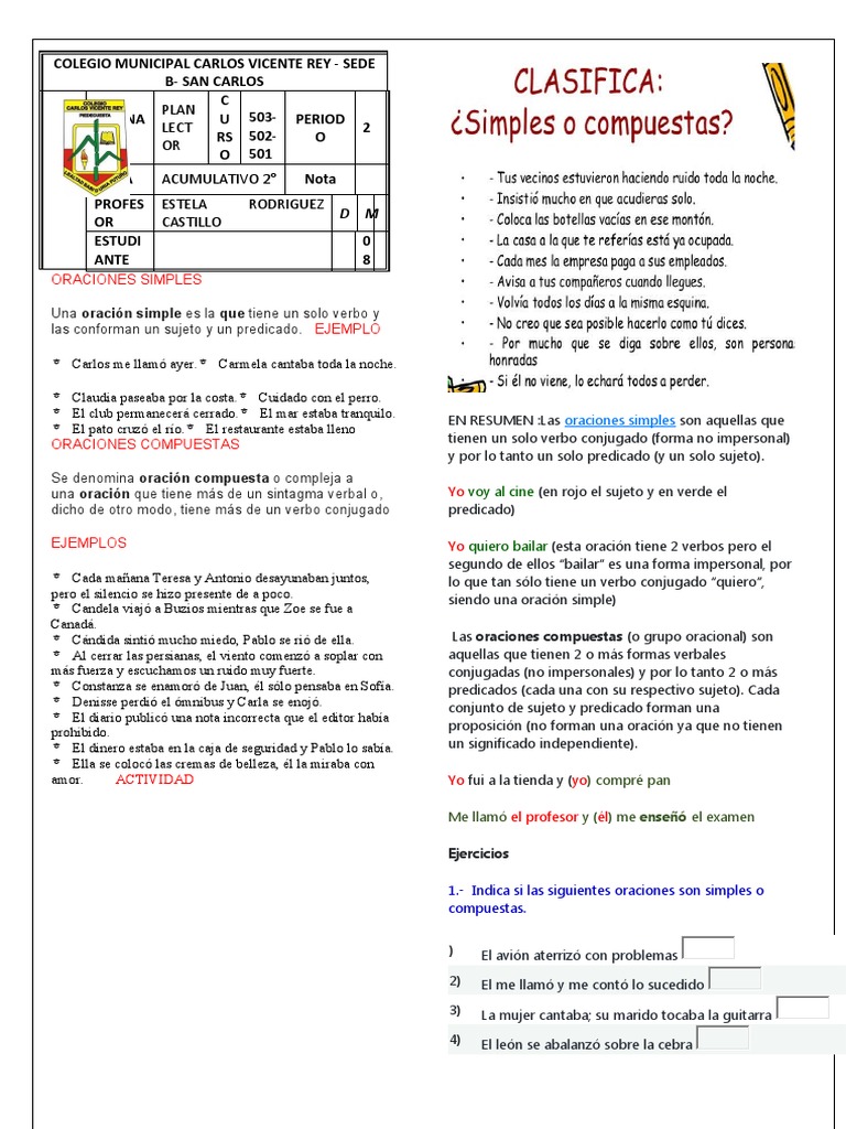 Oraciones Simples y Compuestas | PDF | Predicado (Gramática) | Verbo