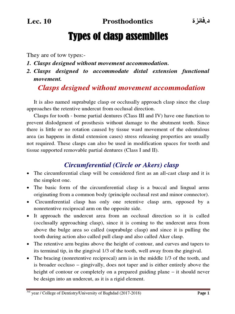 Lec.10 Types of Clasp Assemblies | PDF | Mouth | Dentistry Branches