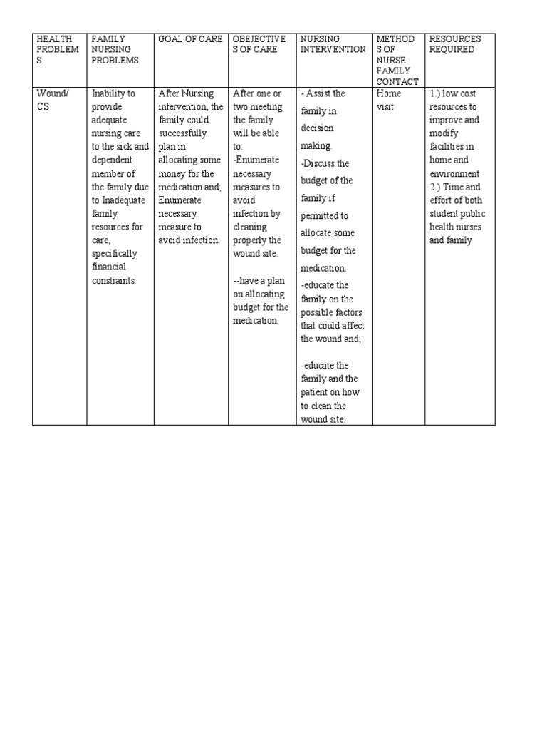 Health Problem S Family Nursing Problems Goal of Care Obejective S of ...