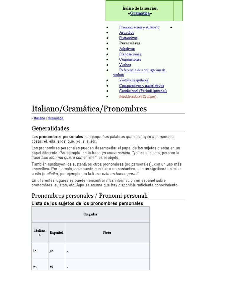 Pronombres Italianos: Guía Completa | PDF | Género gramatical | Plural