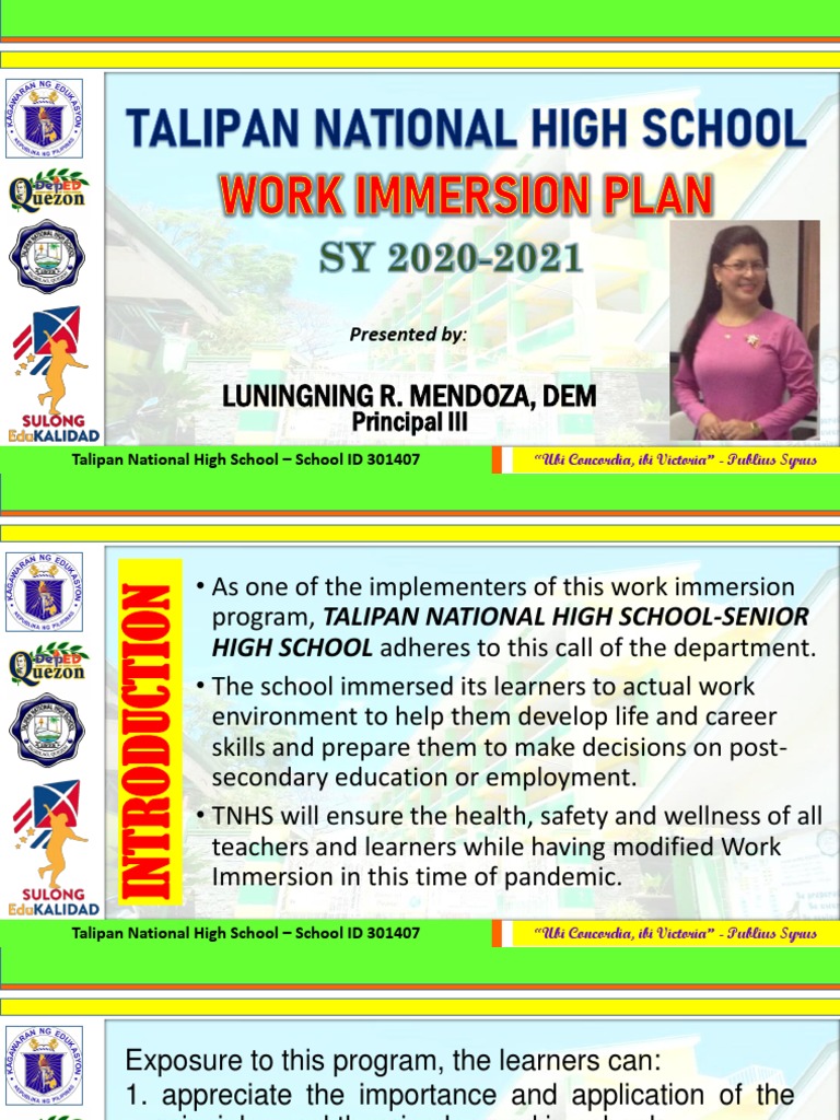 Talipan NHS Work Immersion Plan SY 2020 2021 | PDF | Behavior Modification | Learning