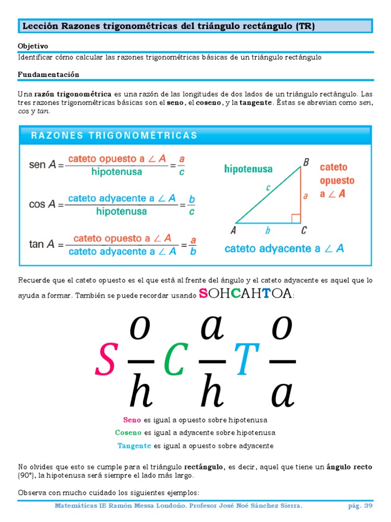 Razones Trigonométricas en Triángulos Rectángulos | PDF | Funciones ...