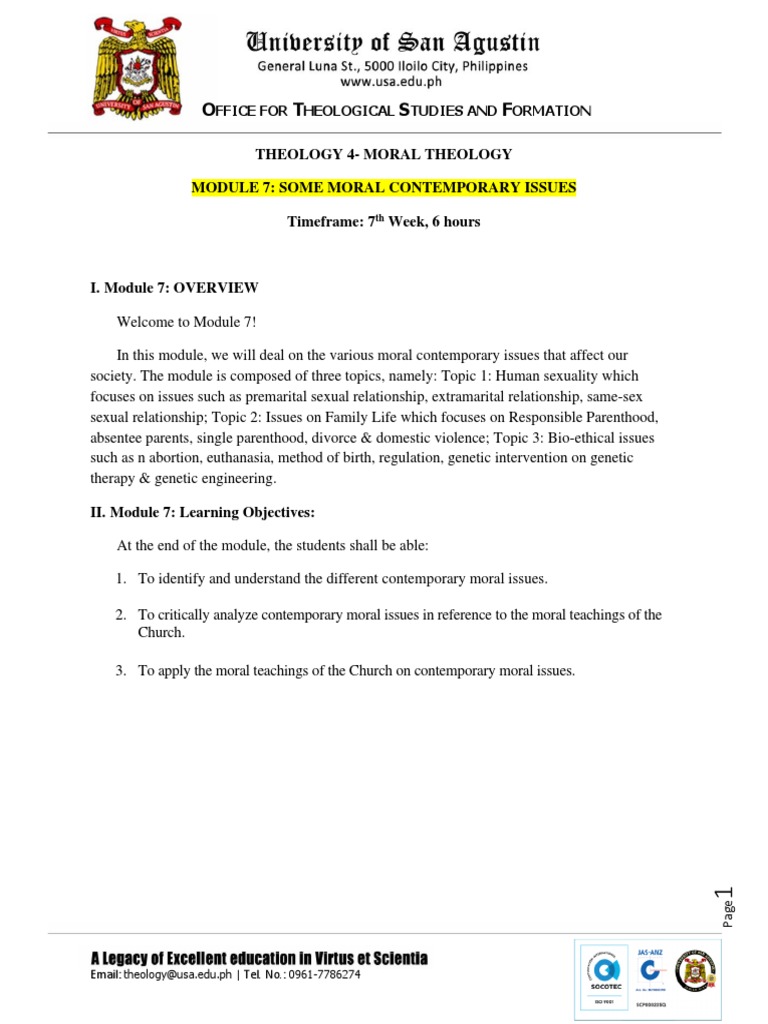 O T S F: Theology 4-Moral Theology Module 7: Some Moral Contemporary ...