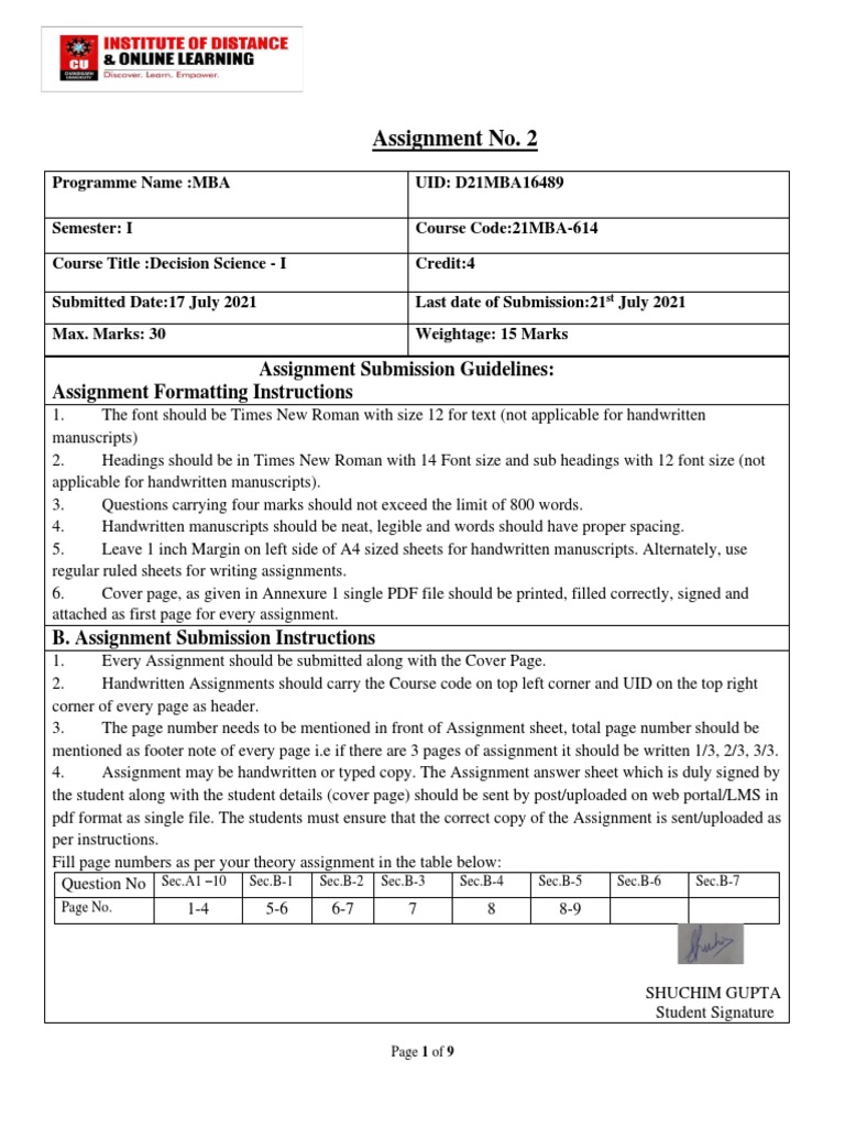 Assignment No. 2: Assignment Submission Guidelines: Assignment Formatting Instructions ...