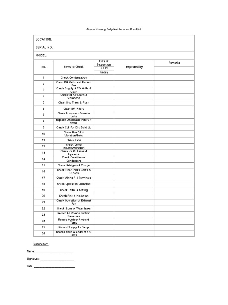 Airconditioning Daily Maintenance Checklist | PDF | Electromechanical ...