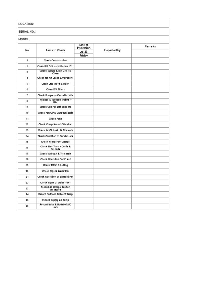 Airconditioning Daily Maintenance Checklist | PDF