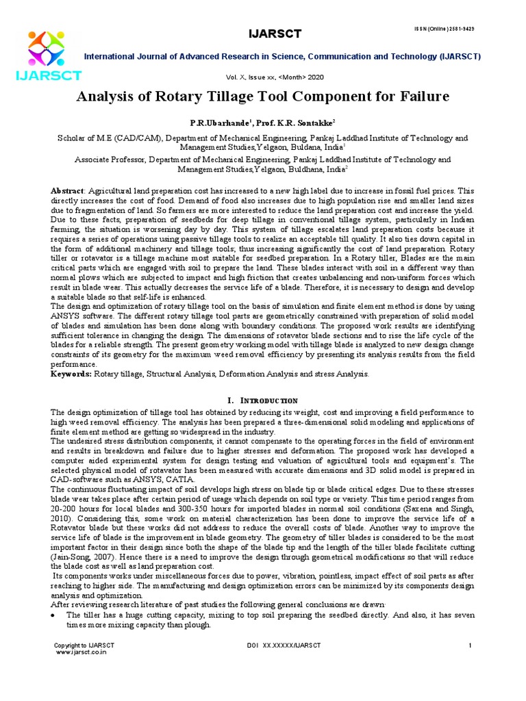 Analysis of Rotary Tillage Tool Component For Failure: Ijarsct | PDF | Tillage | Stress (Mechanics)
