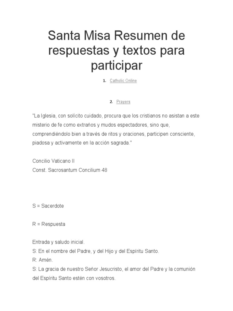 Santa Misa Resumen de Respuestas y Textos para Participar | PDF ...