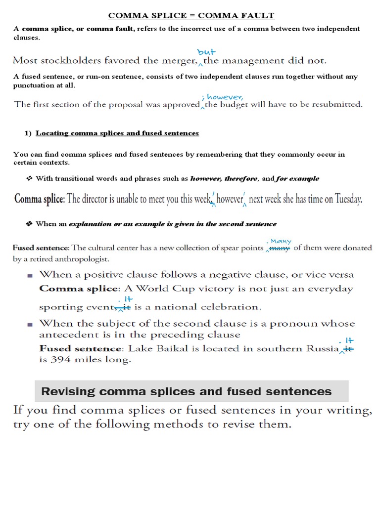 Comma Splice Comma Fault: 1) Locating Comma Splices and Fused Sentences ...
