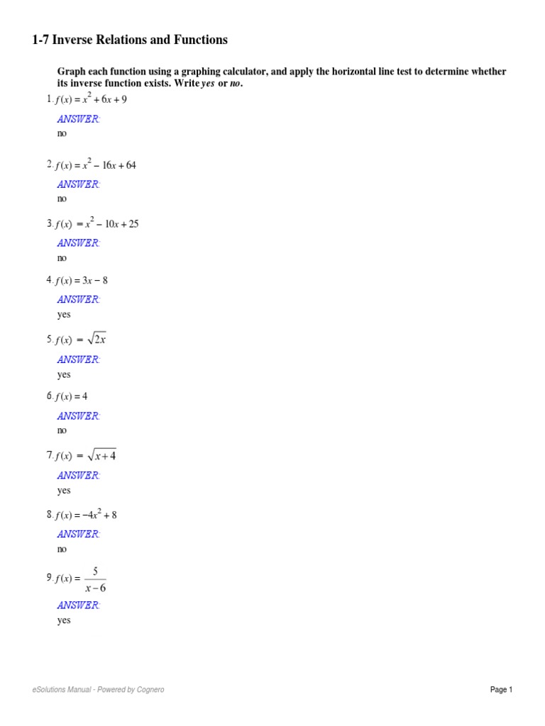 1-7 Inverse Relations and Functions: Esolutions Manual - Powered by ...