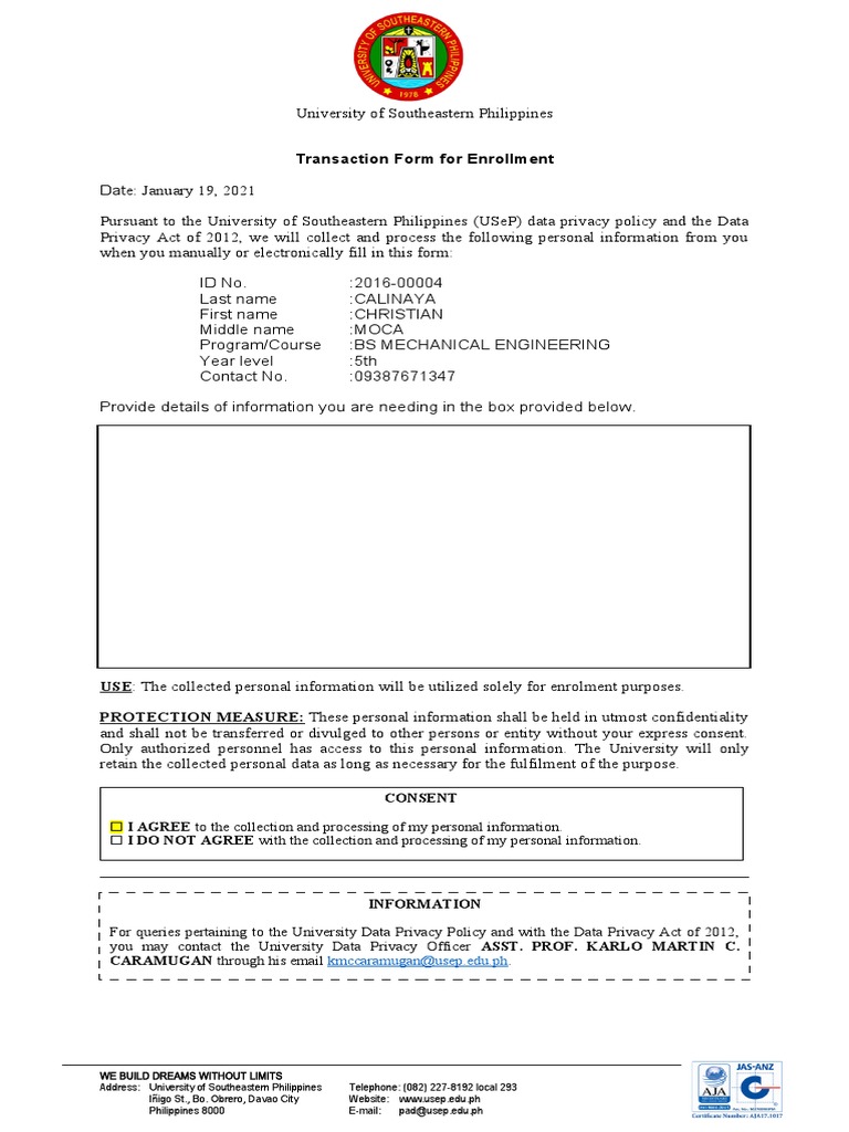 Transaction Form For Enrollment: Consent | PDF | Career & Growth