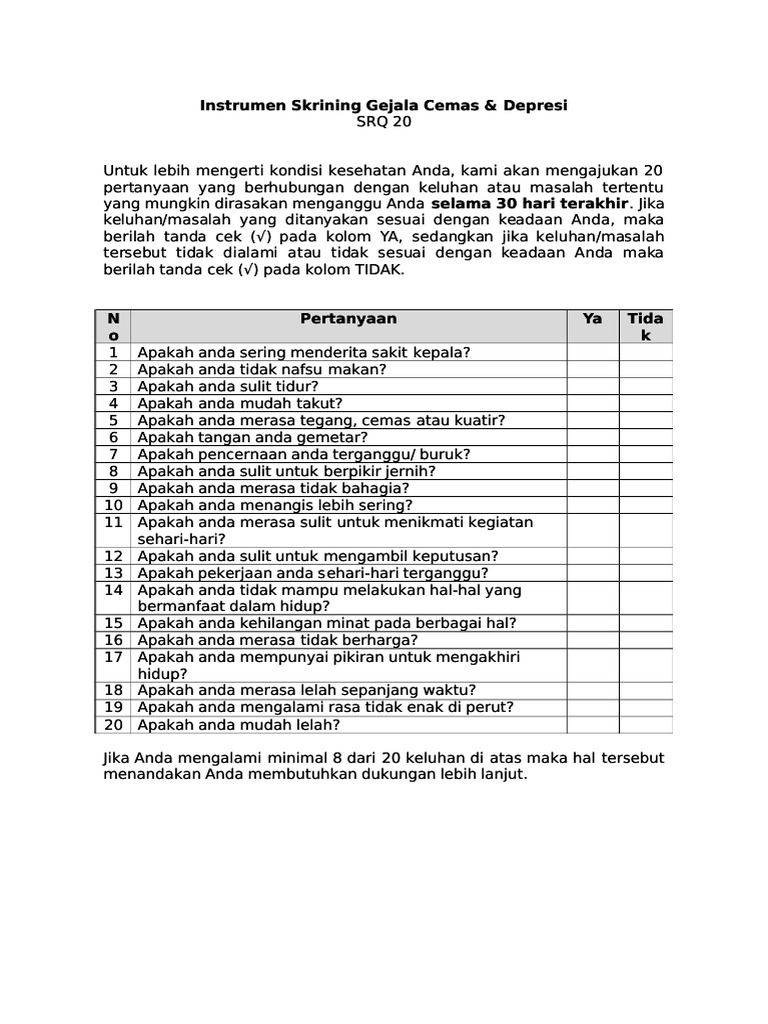 Instrumen Skrining Gejala Cemas Amp Depresi SRQ 20 | PDF
