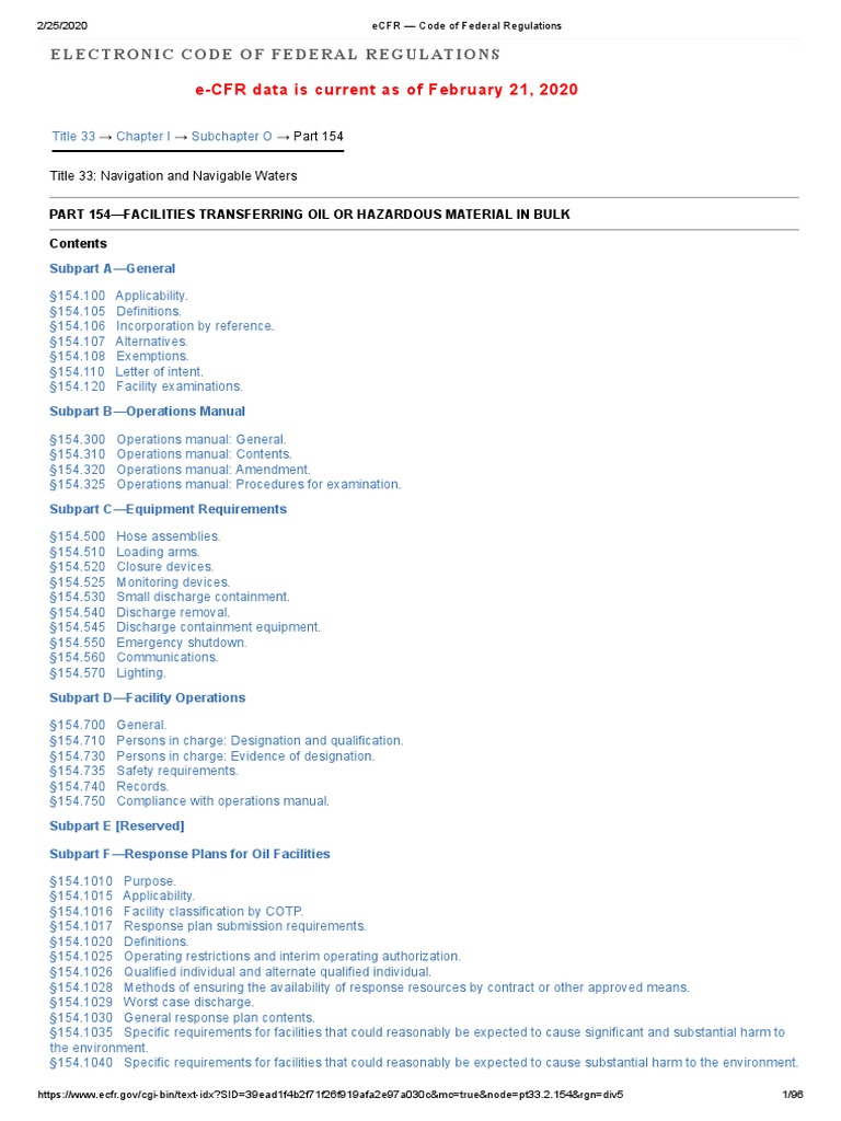 33 CFR 154 Facilities Transferring Oil or Hazardous Material in Bulk ...