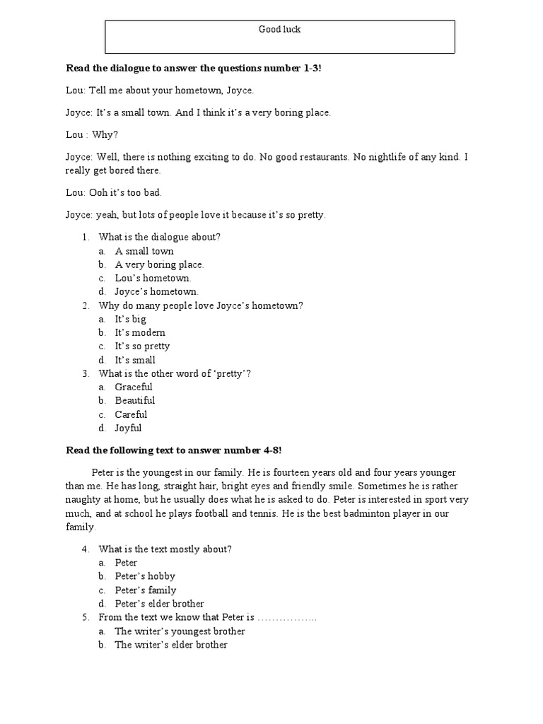 Read The Dialogue To Answer The Questions Number 1-3!: Good Luck | PDF ...