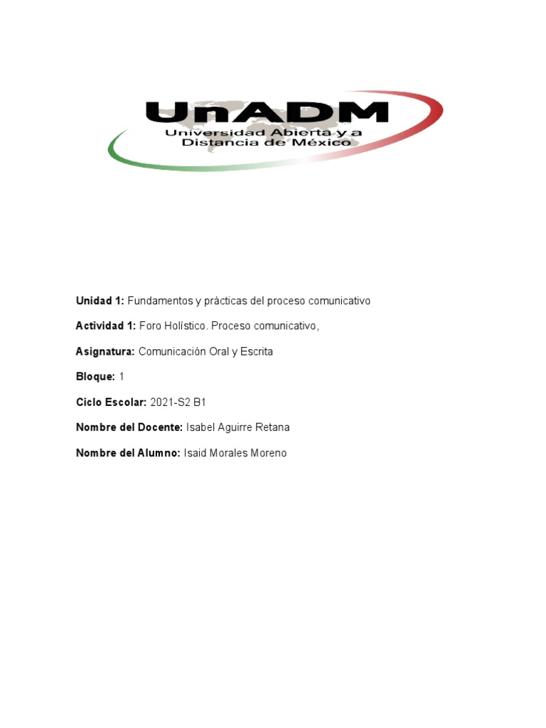 Actividad 1. Foro Holístico. SCOE - U1 - A1 - ISMM | PDF | Comunicación | La naturaleza humana