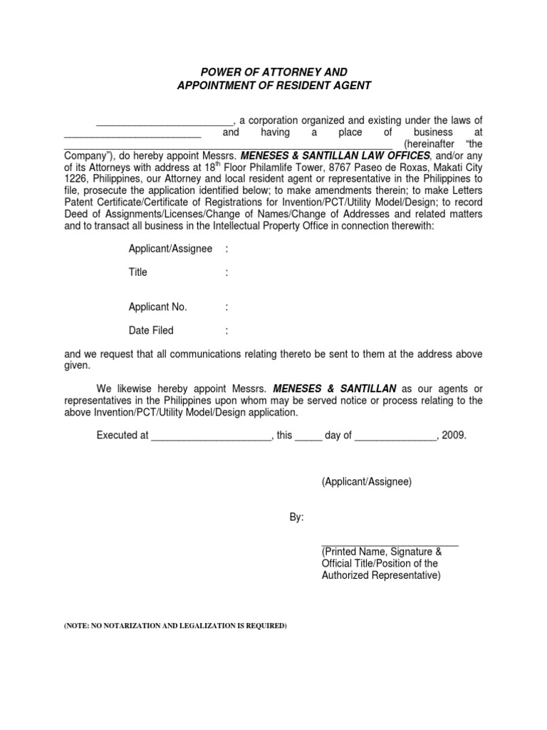 Power of Attorney and Appointment of Resident Agent Form For Patent ...