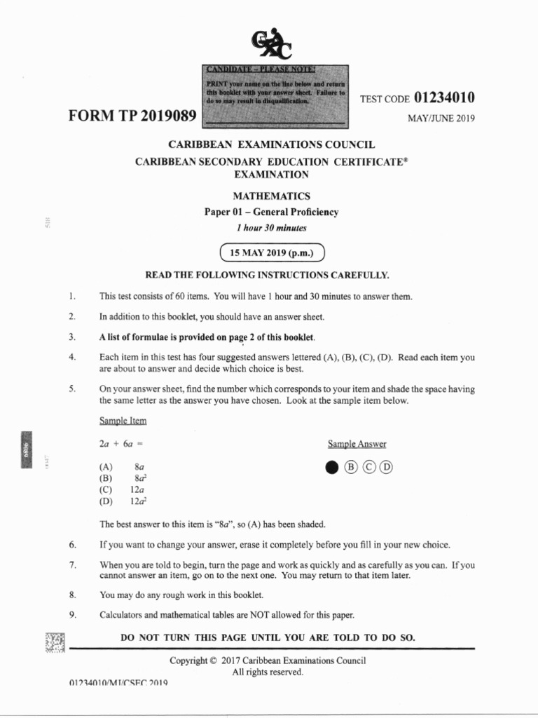 CSEC Maths June 2019 P1 | PDF