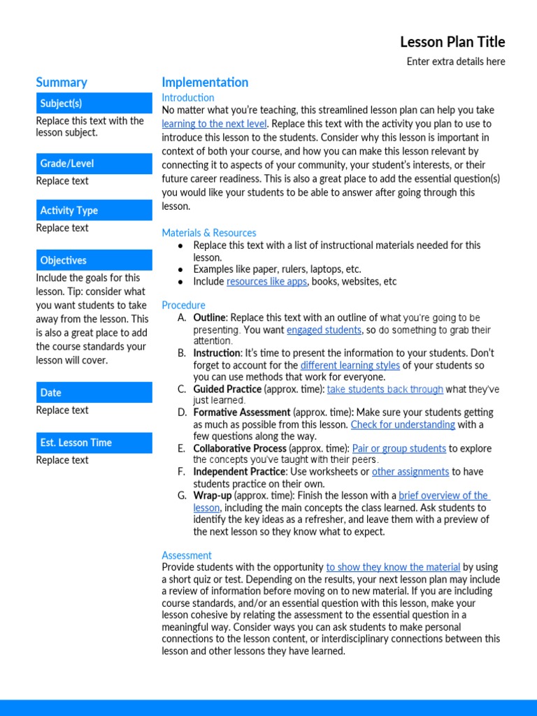 Implementation: Lesson Plan Title | Download Free PDF | Lesson Plan ...