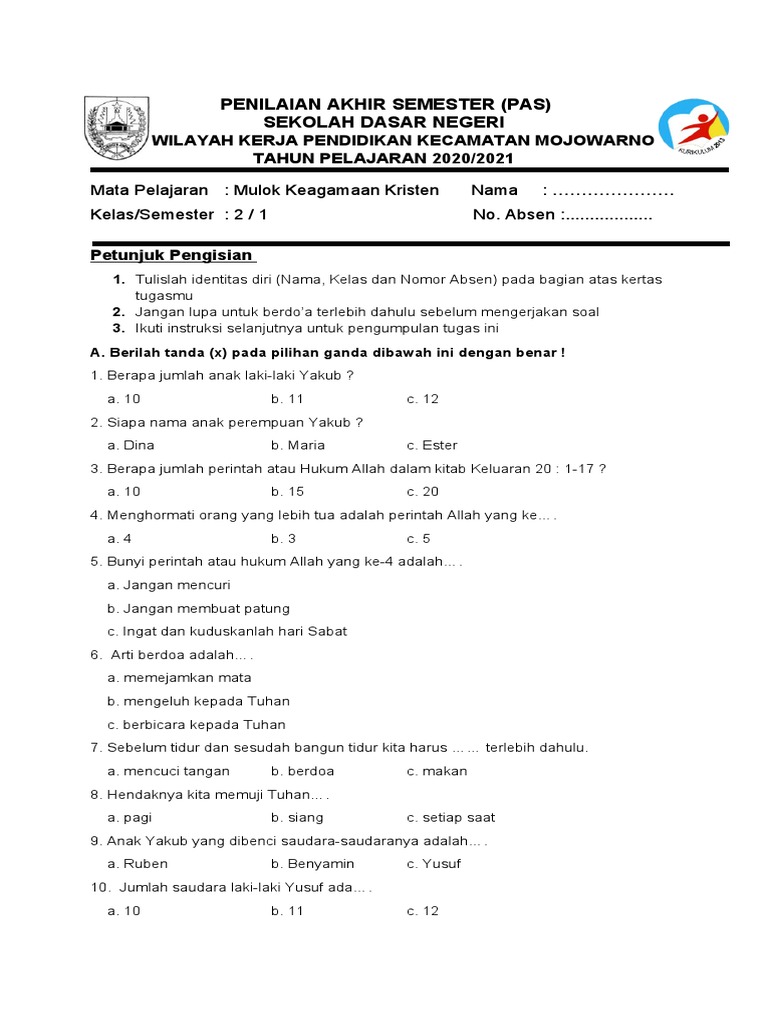 Naskah Soal Pas Mulok Kelas 2 2020-2021 | PDF