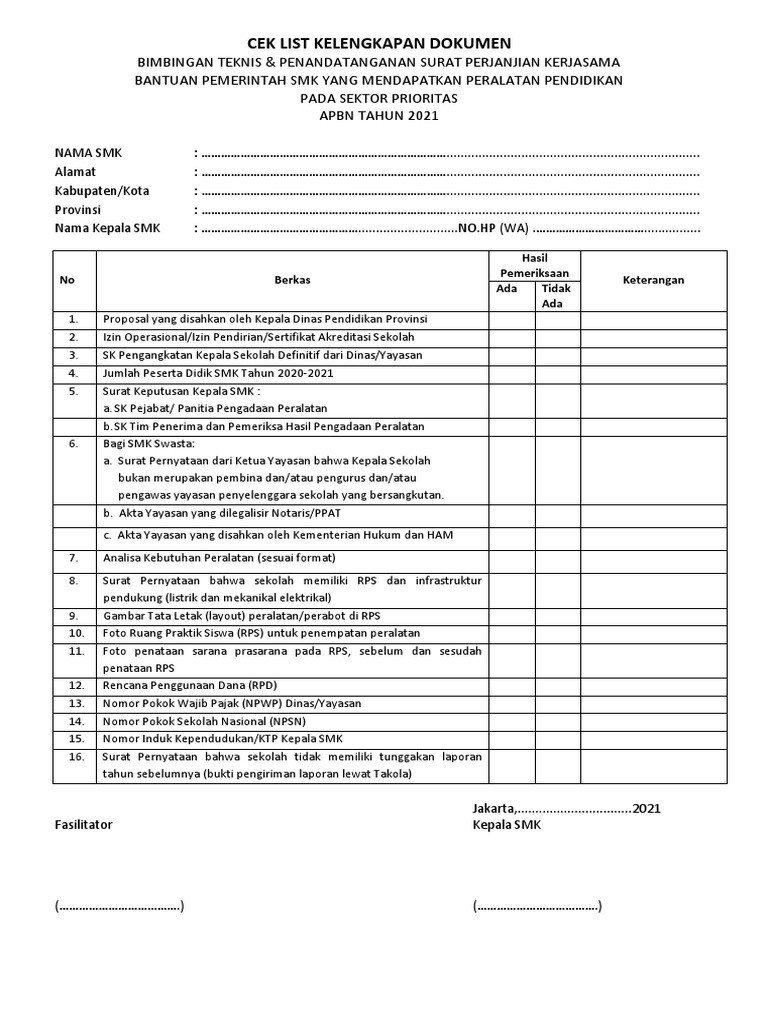 Cek List Kelengkapan Bimtek Peralatan Praktik 2021 | PDF