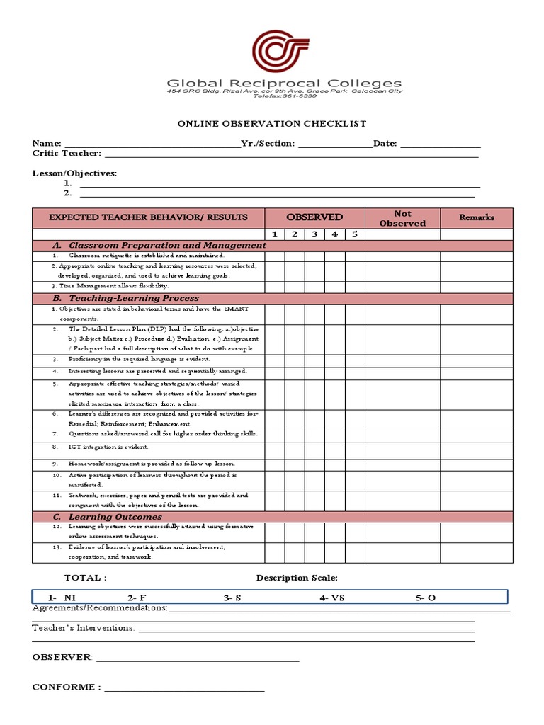 GRC Online Observation Checklist | PDF | Educational Technology ...