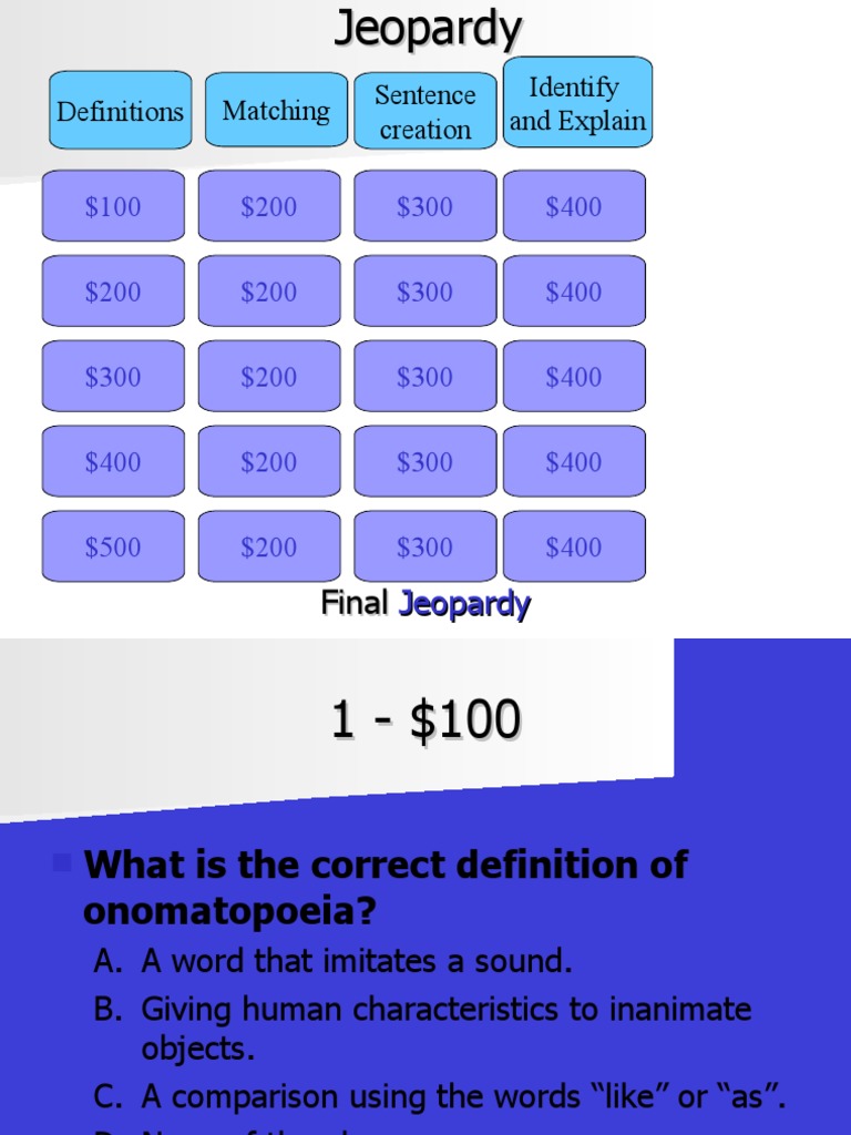 Figurative Language Jeopardy: Testing Knowledge of Metaphors, Similes ...