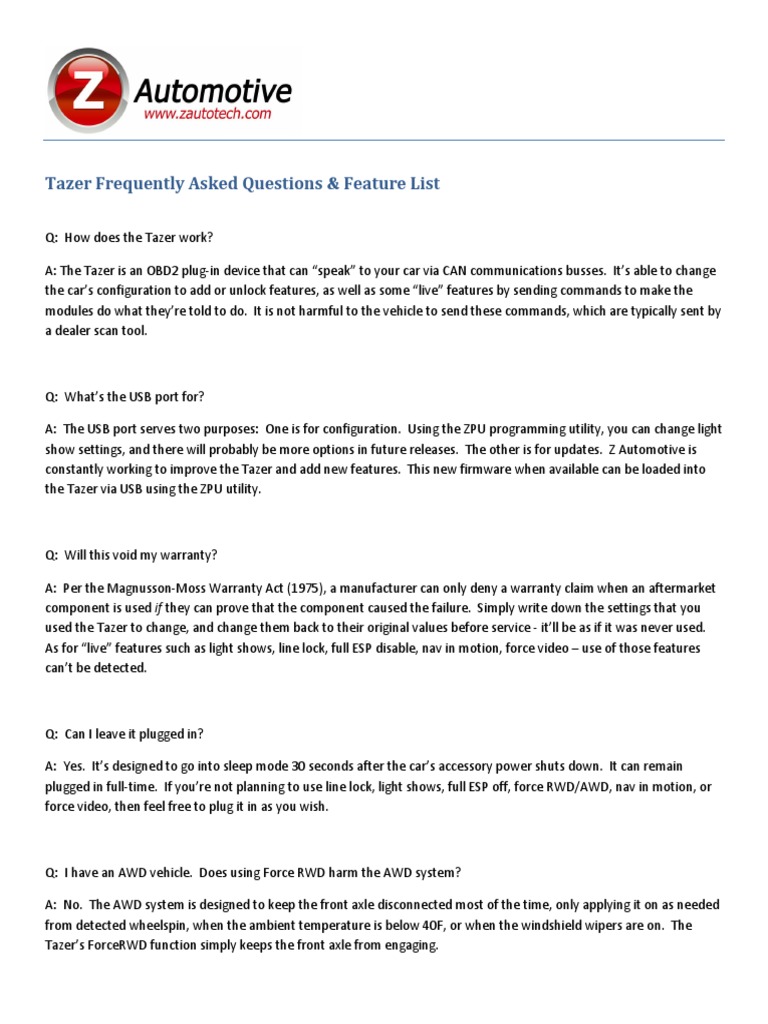 Tazer Module User Guide and FAQs | PDF | Usb | Wheeled Vehicles