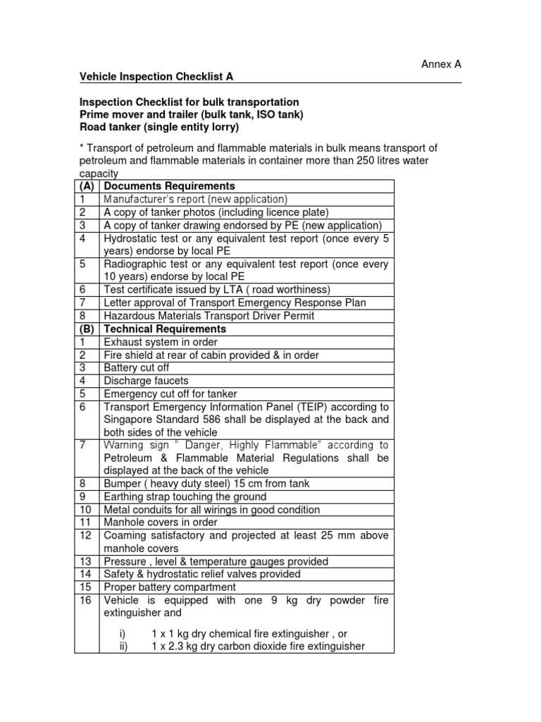 Standard Vehicle Inspection Checklist | PDF | Truck | Vehicles