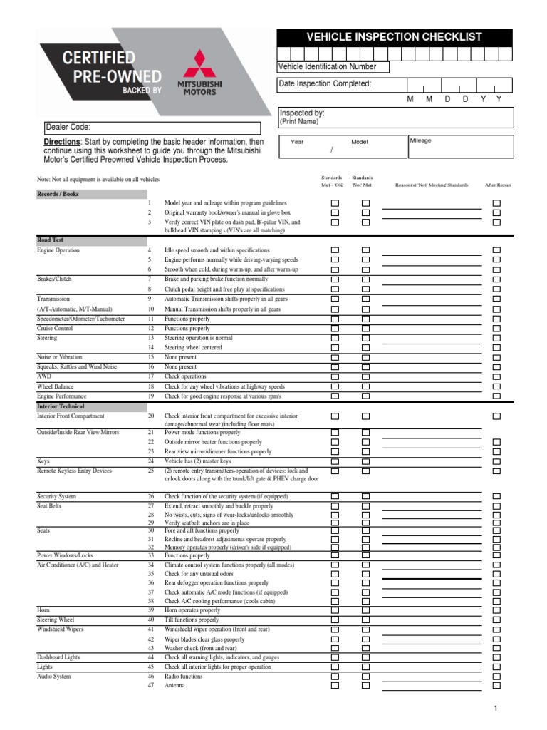 Vehicle Inspection Checklist Example | PDF | Manual Transmission ...