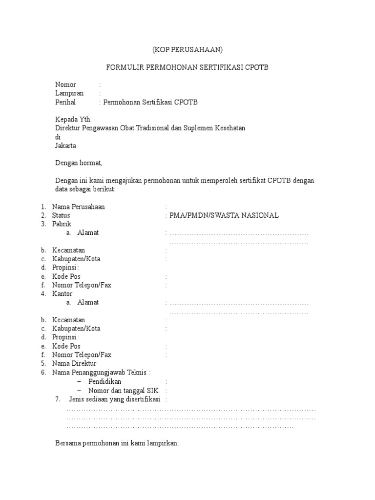 Formulir Permohonan Sertifikasi Cpotb | PDF