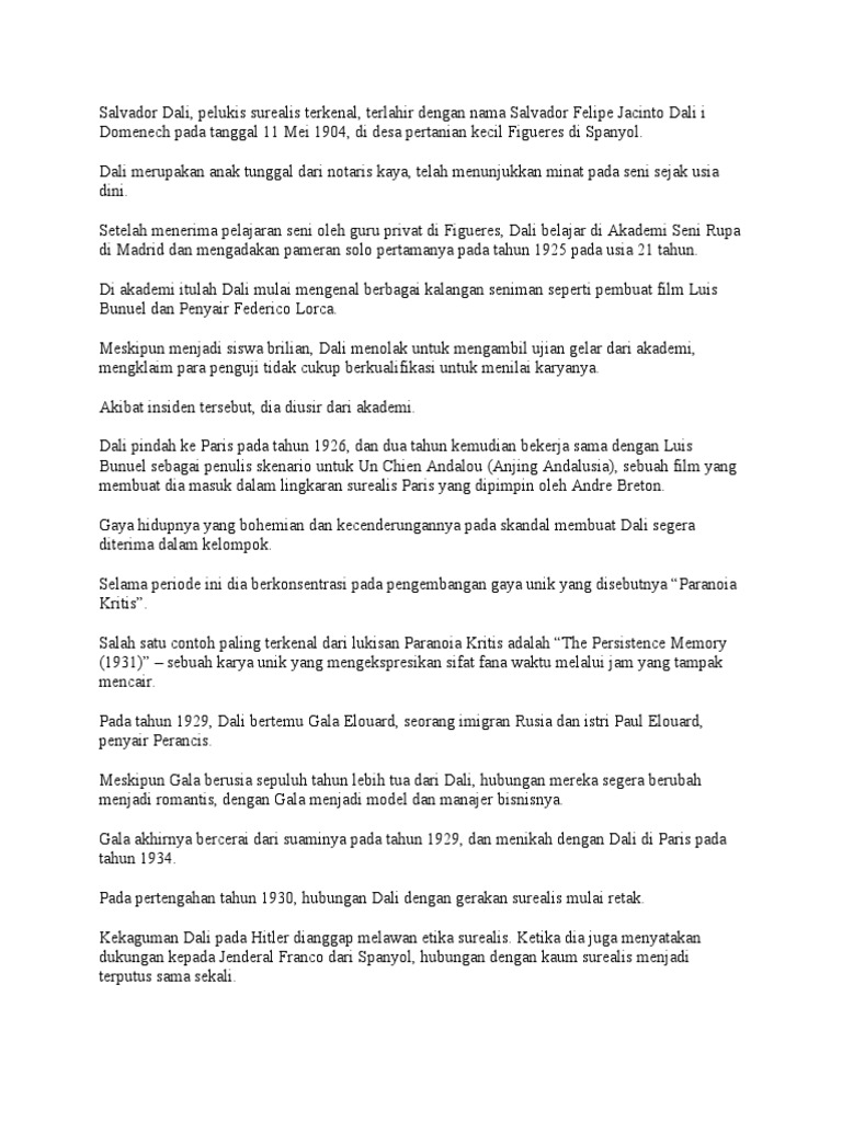 KISAH SALVADOR DALI, SENIMAN SUREALIS TERKENAL | PDF