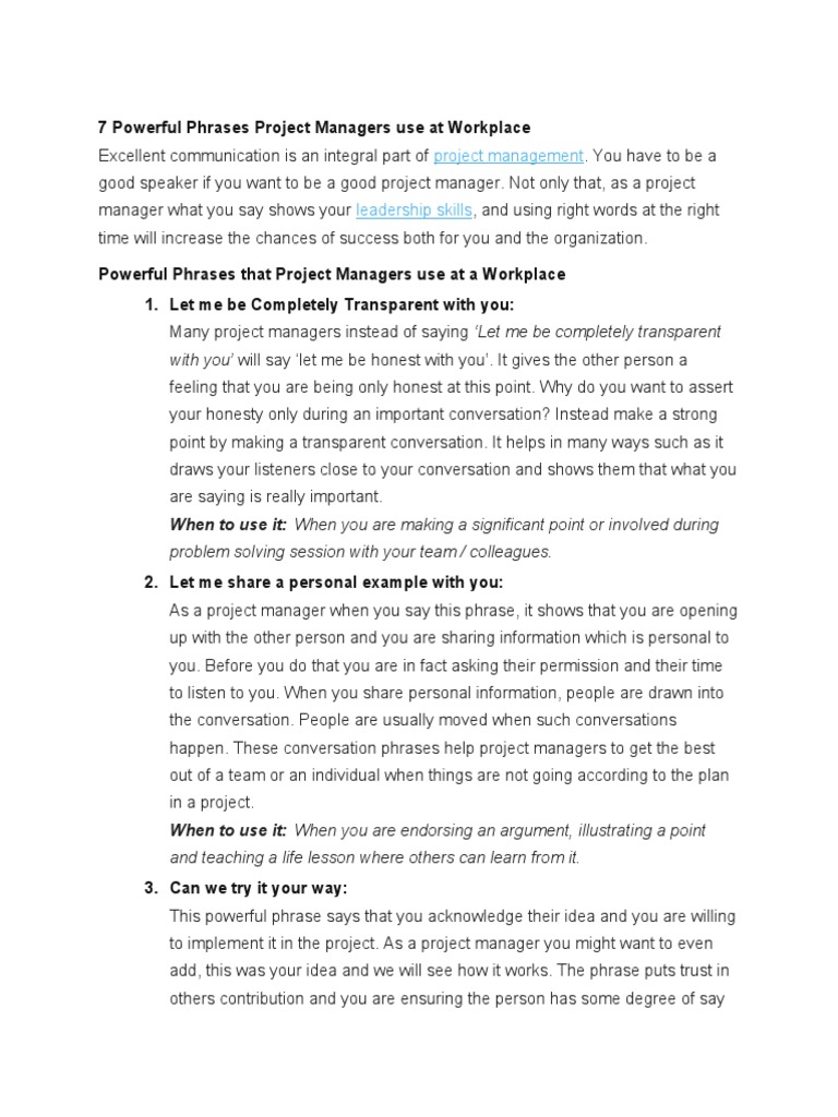 7 Powerful Phrases Project Managers Use at Workplace | PDF ...