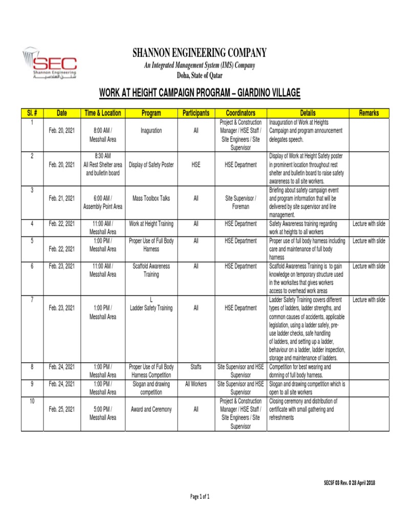 Ev02 - Brief Program For New Work at Height Campaign | PDF | Safety ...