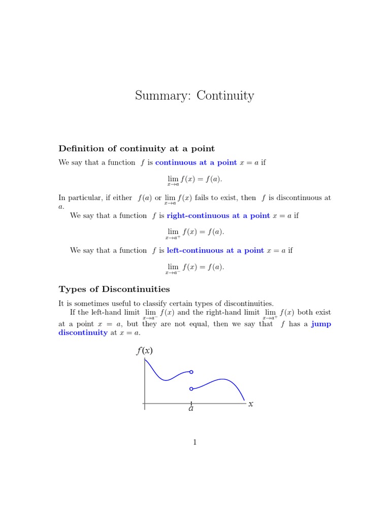 Summary: Continuity: Definition of Continuity at A Point | PDF | Continuous Function | Calculus