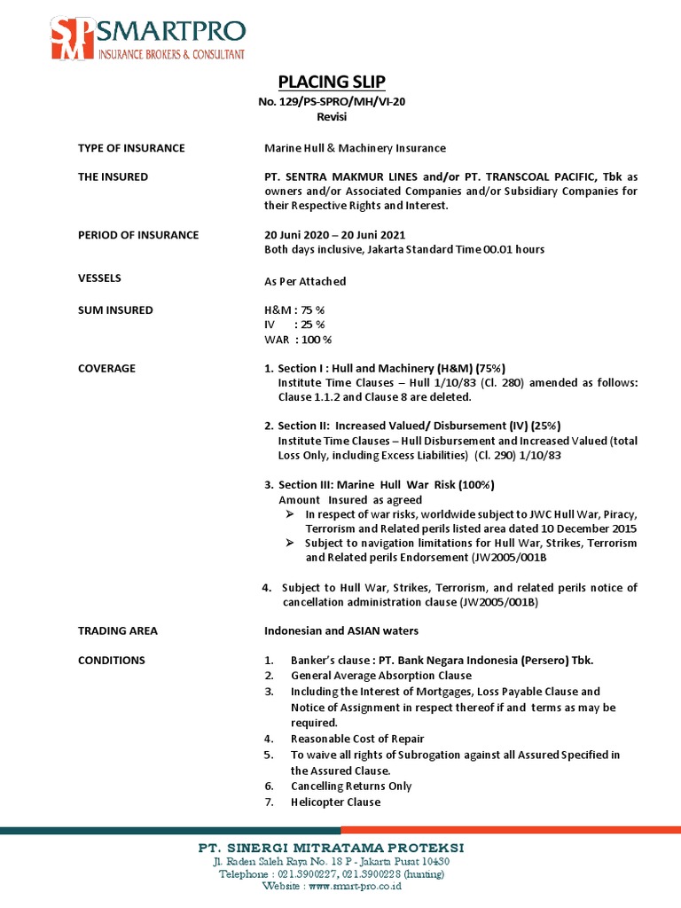 129 - Placing Slip (MH) - PT. Sentra Makmur Lines - Revisi | PDF ...