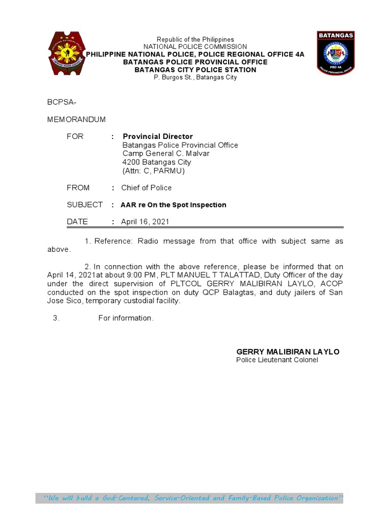Batangas Police Inspection Memorandum | PDF