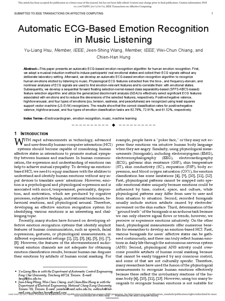 Automatic Ecg Based Emotion Recognition In Music Listening Pdf