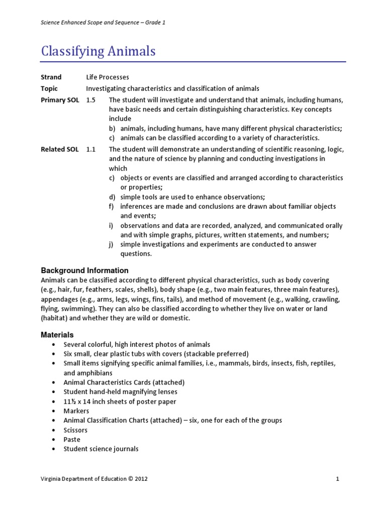 Classifying Animals: Strand Topic Primary SOL 1.5 | PDF | Mammals | Fur
