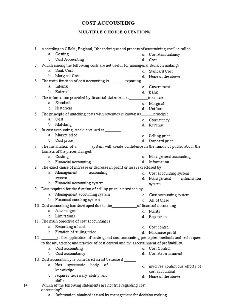 Cost Accounting MCQs with Answers | PDF | Cost Accounting | Cost